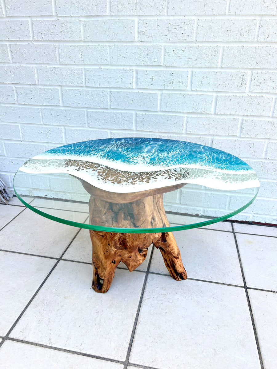 Coffee Table Live edge base 24” Glass Top – Grace Bell Art