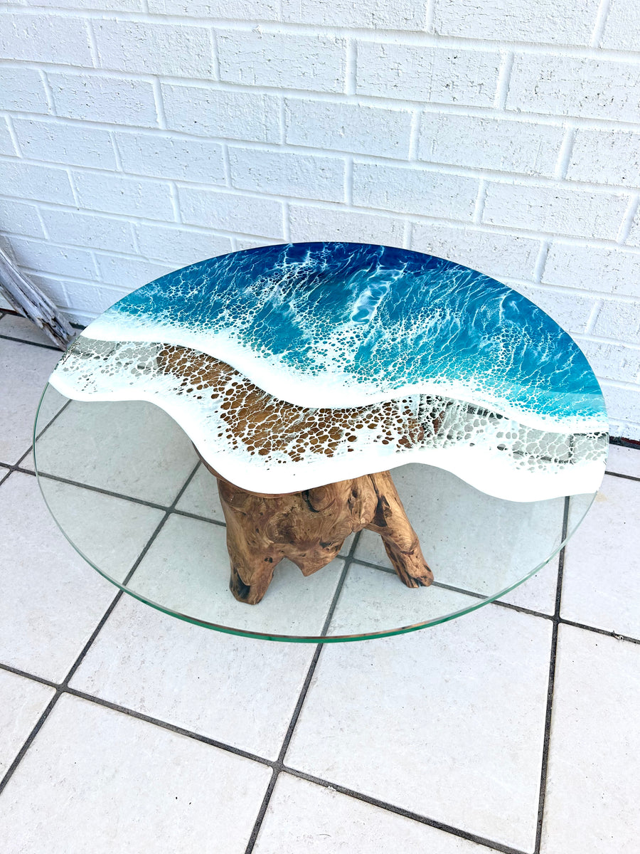Coffee Table Live edge base 24” Glass Top – Grace Bell Art